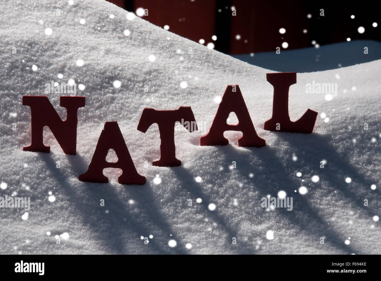 Card With Snow And Word Natal Mean Christmas, Snowflakes Stock Photo ...