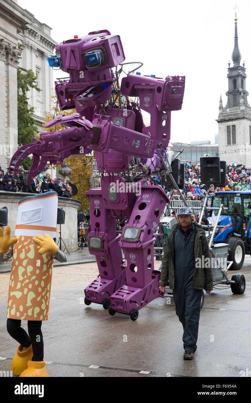 London,UK,14th November 2015,Purple Robot made from wheelie bins at the ...