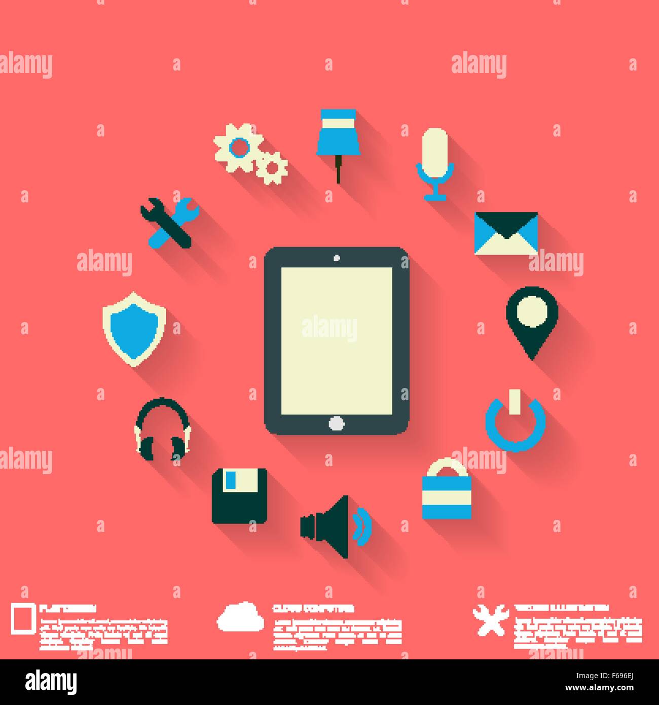Flat abstract background with web icons. Interface symbols. Cloud ...