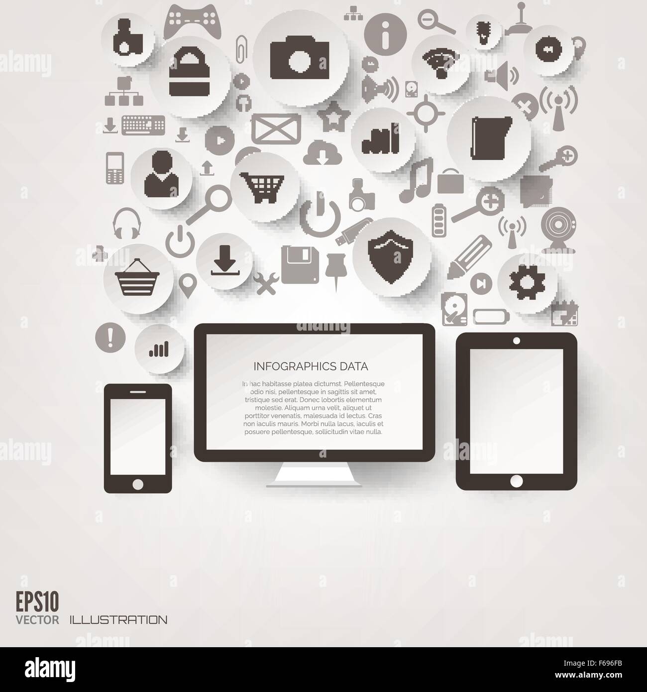 Flat abstract background with web icons. Interface symbols. Cloud computing. Mobile devices ...