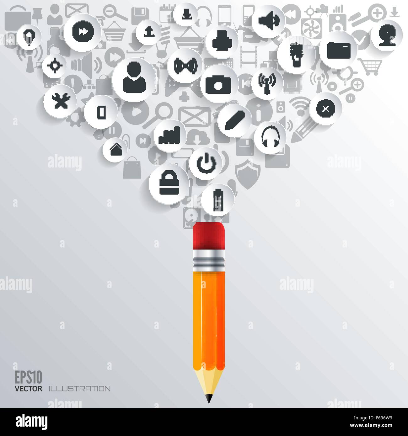 Pencil icon. Flat abstract background with web icons. Interface symbols ...