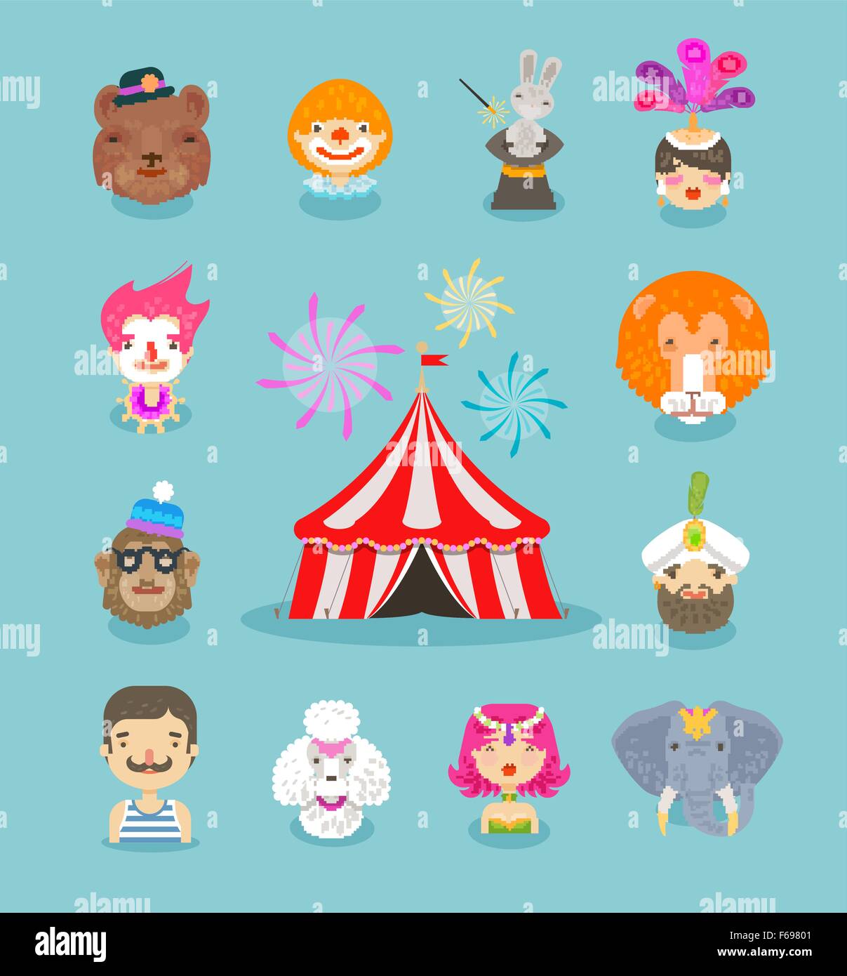 Circus icons set. Collection of elements of clown, circus animals ...