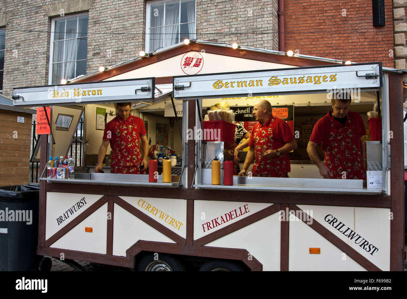 Lincoln, England, Chriskindlemarkt, a German sausage booth at he ...