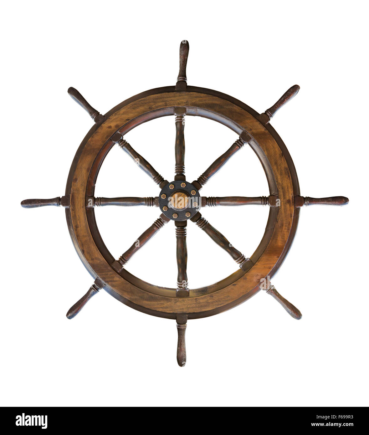 Vintage wooden ship steering wheel rudder isolated on a white ...