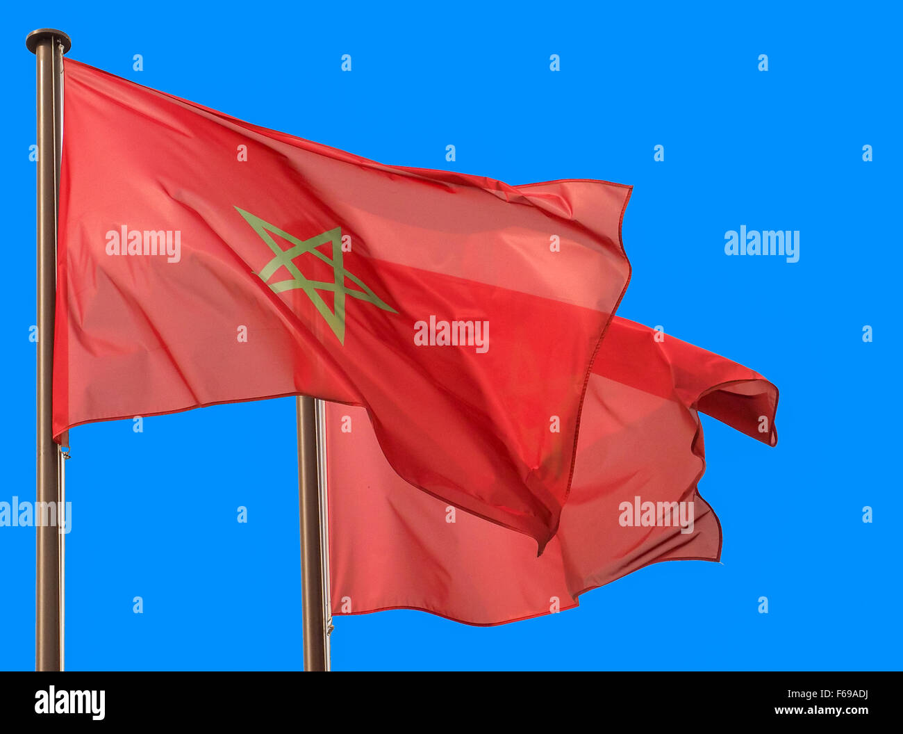 Two Morocco flags waving in the blue sky, copy space on the right side ...