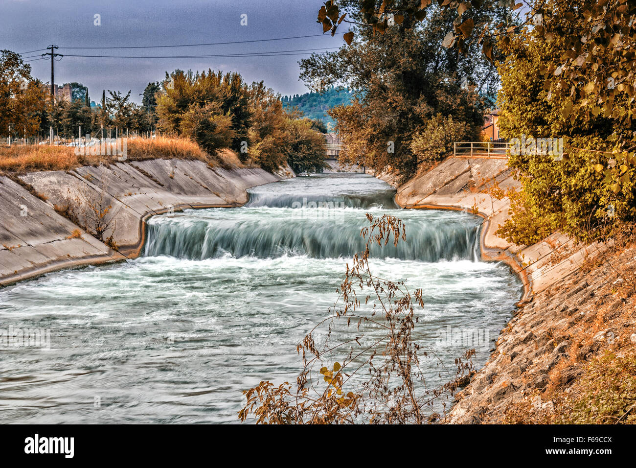 River waters flowing in the Italian countryside at the sunset Stock ...
