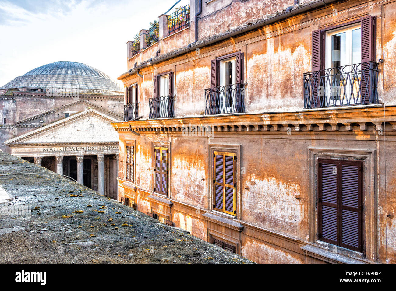 Windows of historical building in the center of Rome and view of the ...