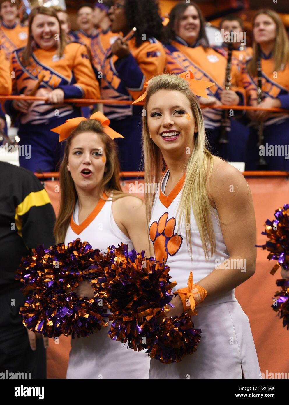 Syracuse, NY, USA. 14th Nov, 2015. Clemson cheerleaders cheer their team on during the first ...