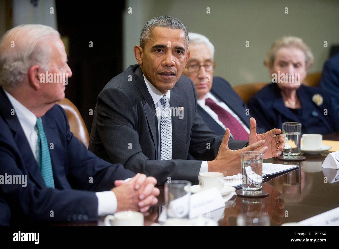 United States President Barack Obama, second left, speaks while meeting ...