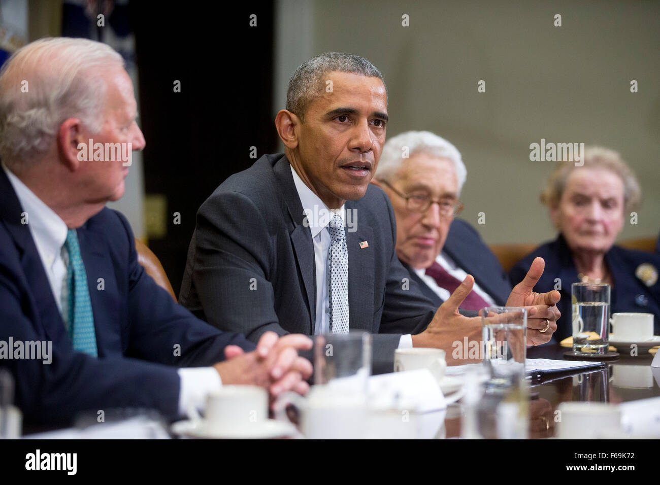 United States President Barack Obama, second left, speaks while meeting ...