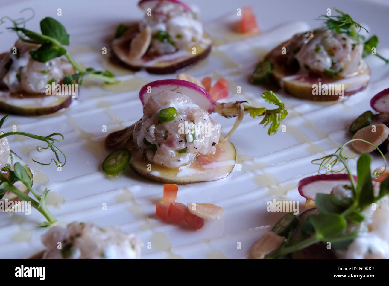 A dish of chopped Argyrosomus fish tartare with slices of Common fig ...