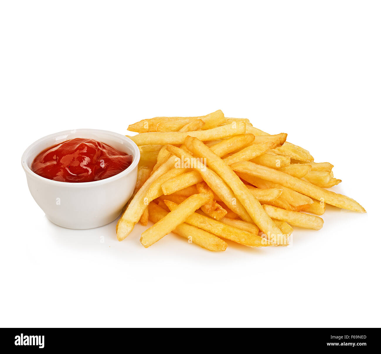 Potatoes fries with ketchup close-up isolated on a white background ...