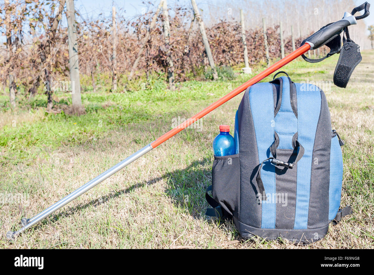 Backpack and sticks to do nordic walking on country roads Stock Photo ...