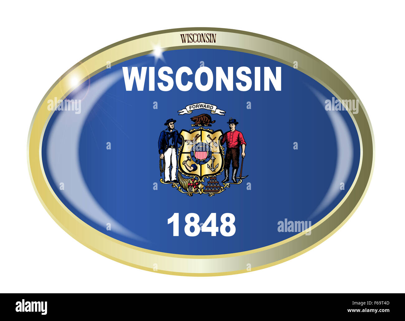 Oval metal button with the Wisconsin flag isolated on a white ...