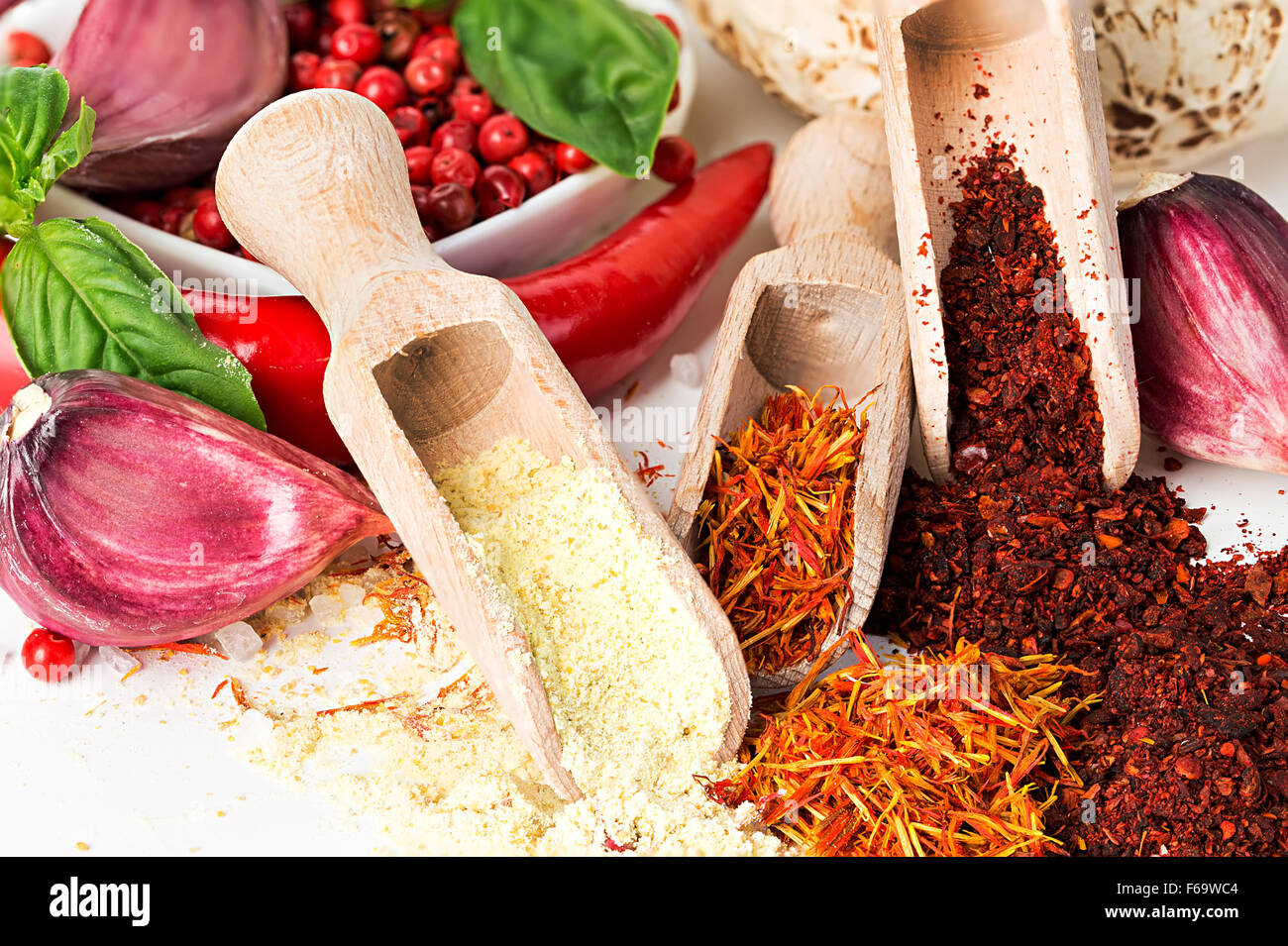 Spices and seasonings on a white background Stock Photo - Alamy