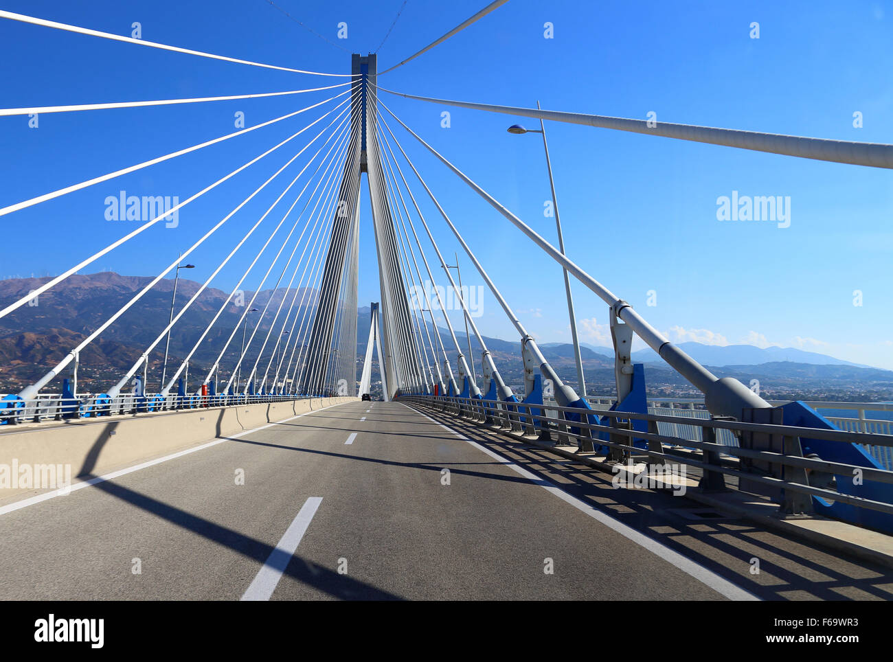 suspension bridge crossing Corinth Gulf strait, Patra, Greece. I Stock ...