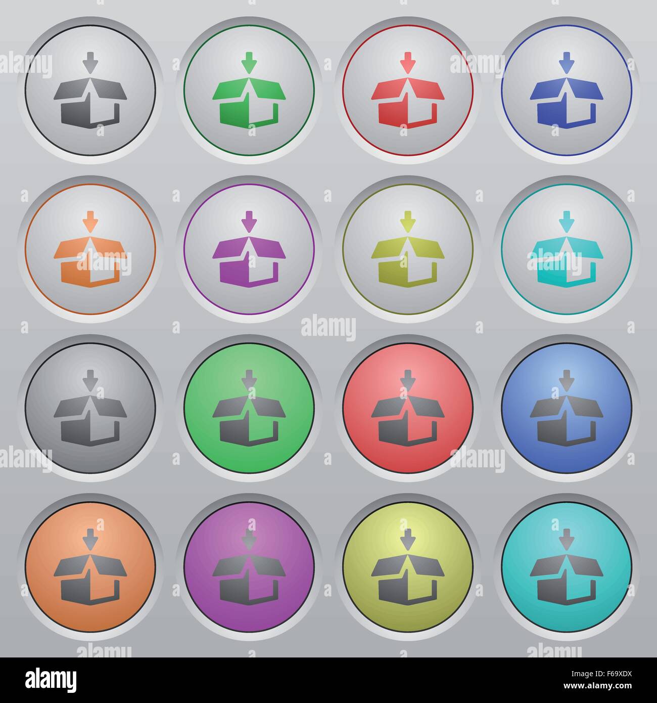 Set of pack plastic sunk spherical buttons on light gray background. 16 variations included ...