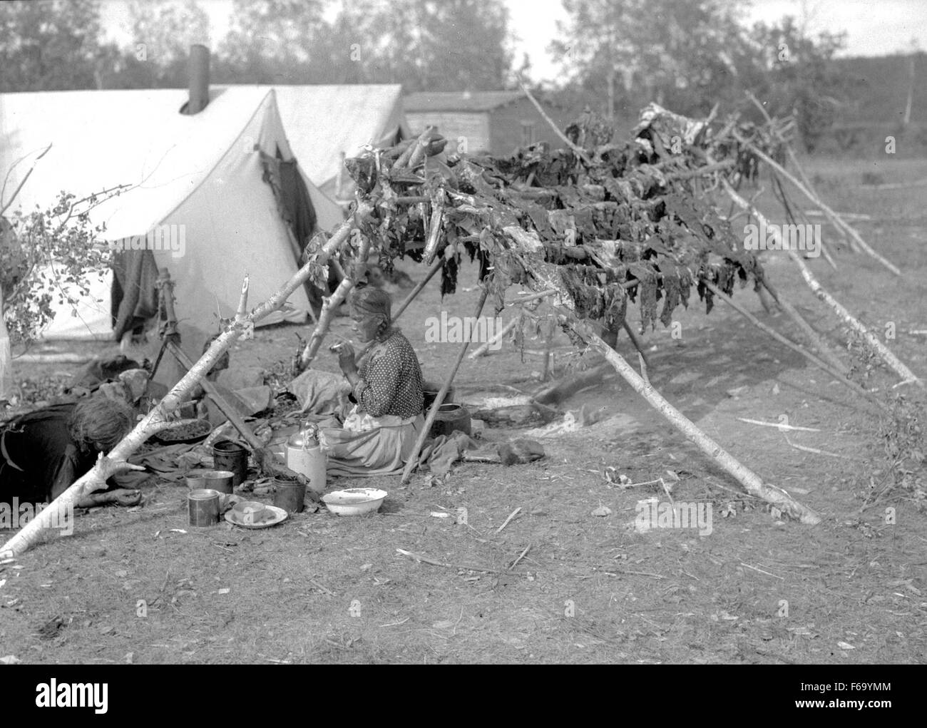 A photograph of a Cree woman smoking beside racks of drying meat. This ...