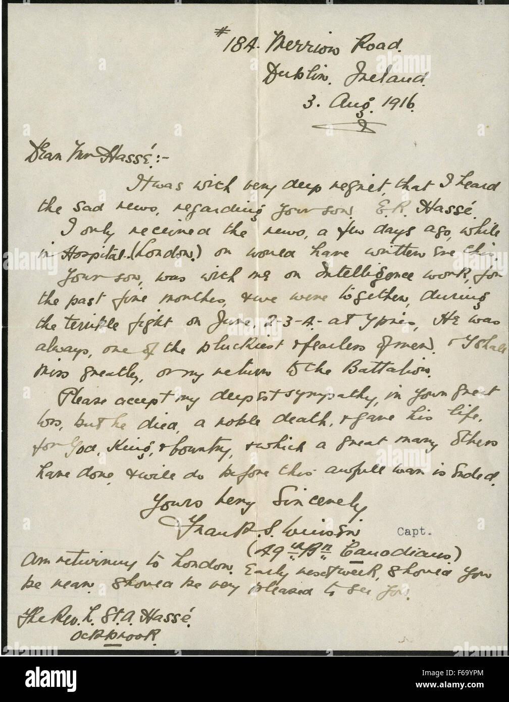 This letter of condolence from Captain Frank S. Winser expresses ...