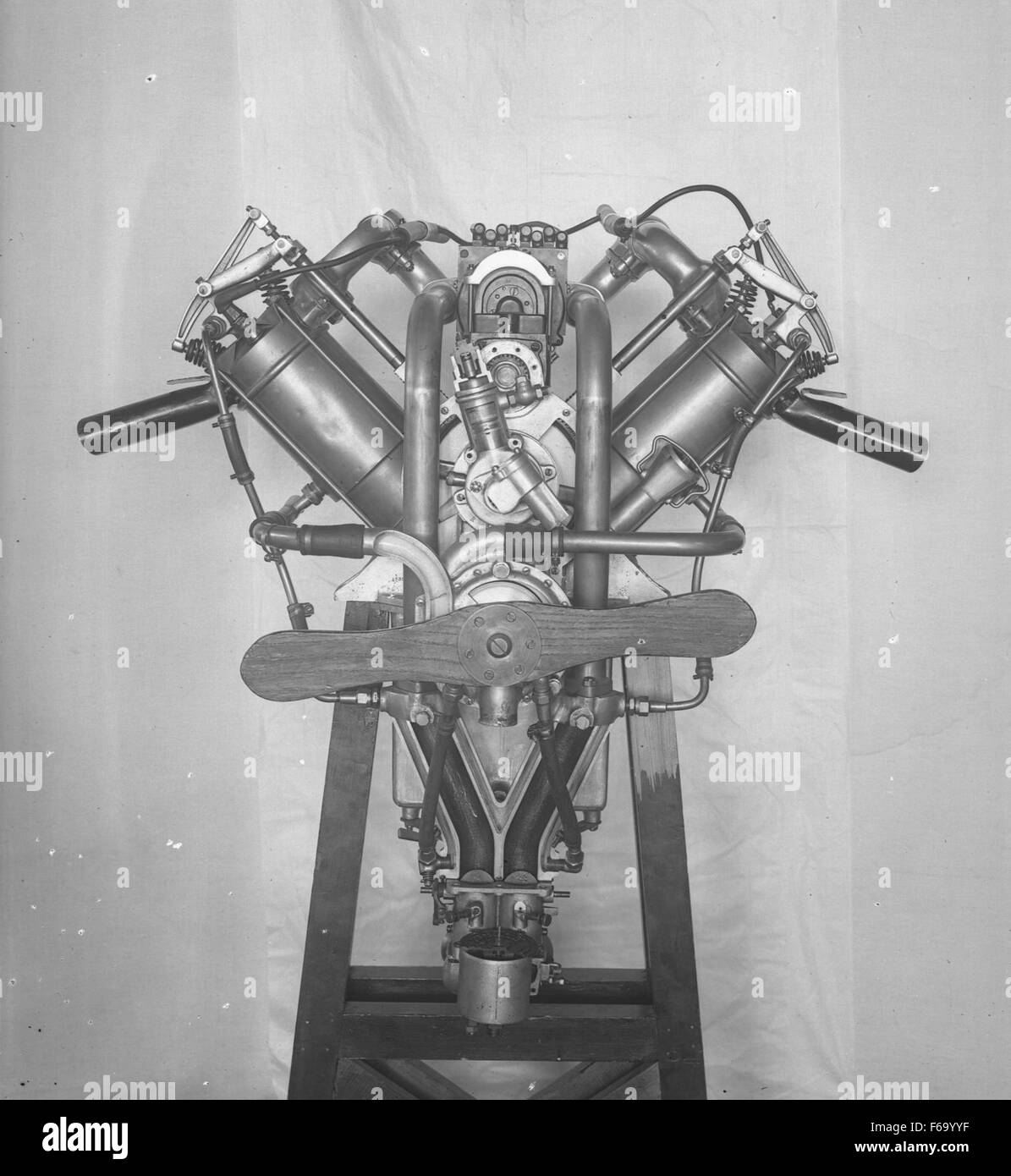 A close-up of an early airplane engine, illustrating the mechanical ...
