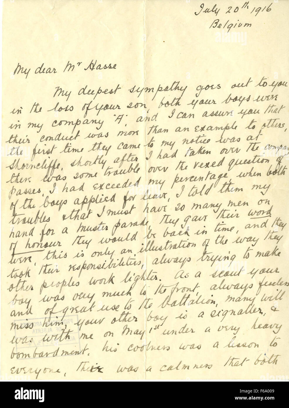 A letter of condolence from Major RH Palmer, expressing sympathy for a ...