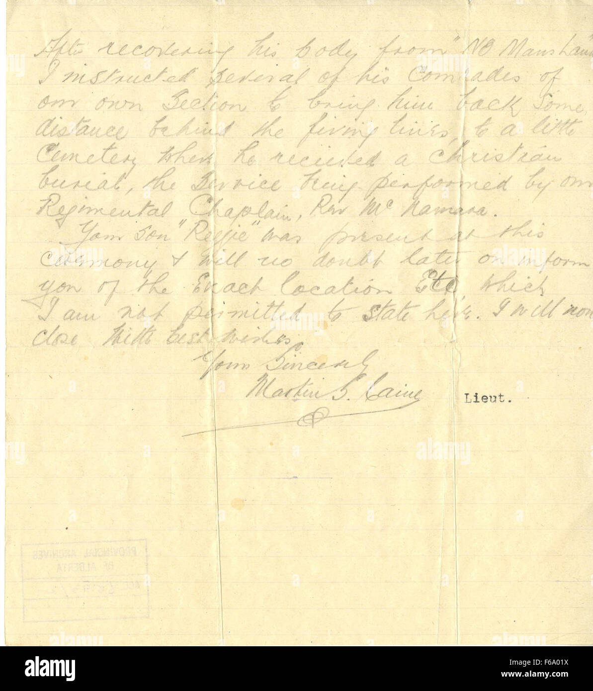 A letter of condolence written by Lieutenant Martin Caine, likely in ...