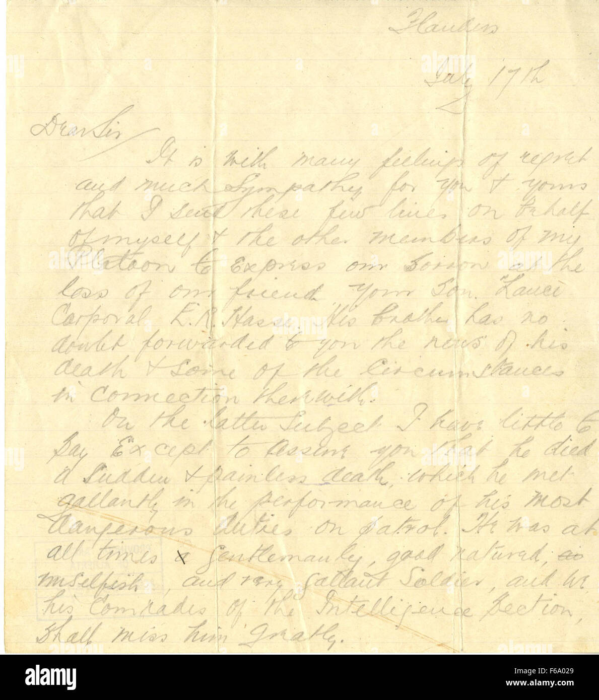 Letter of condolence from Lieutenant Martin Caine (first page Stock ...