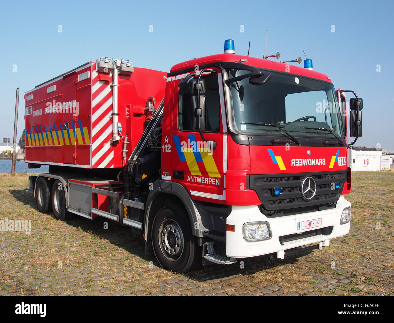 A Mercedes fire engine from Brandweer Antwerpen, equipped with a ...