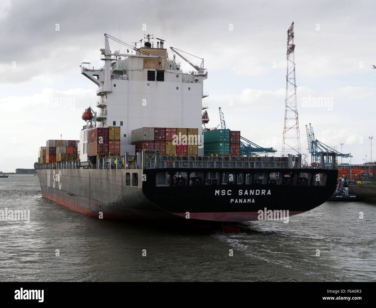 The MSC Sandra, a container ship with IMO number 9203954, is docked at the Port of Antwerp. It ...