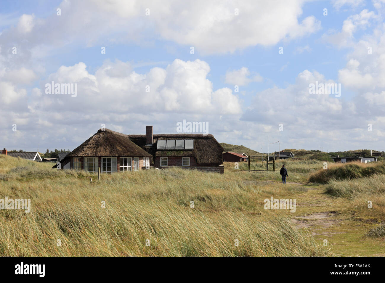 Thatched house with solar heating in the sand dunes at Houvig Strand ...