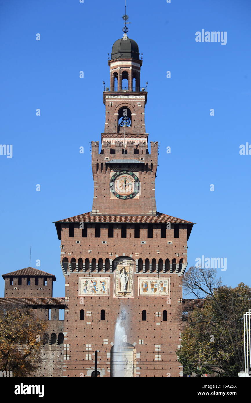 Sforza Castle Milan clock Torre del Filarete Castello Sforzesco Stock ...