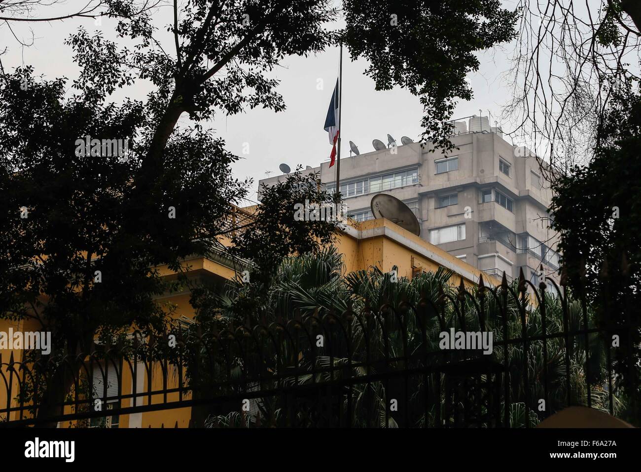 Cairo, Egypt. 15th Nov, 2015. A French flag flies at half mast at the ...