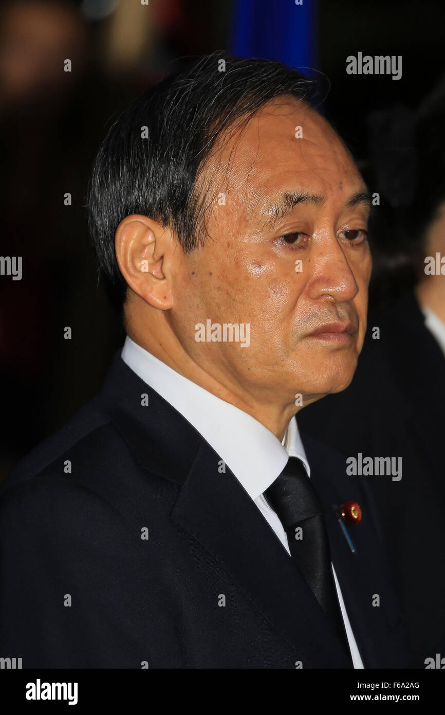 Chief Cabinet Secretary Yoshihide Suga attends a special ceremony in a ...