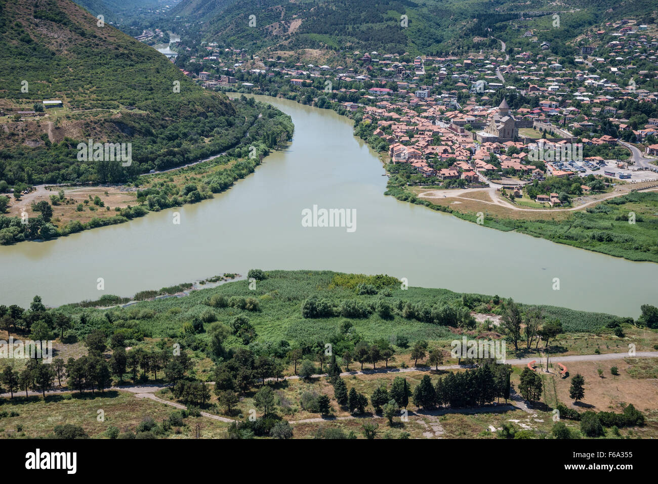 Aerial view on Mtkvari and Aragvi rivers and Mtskheta city - view from ...