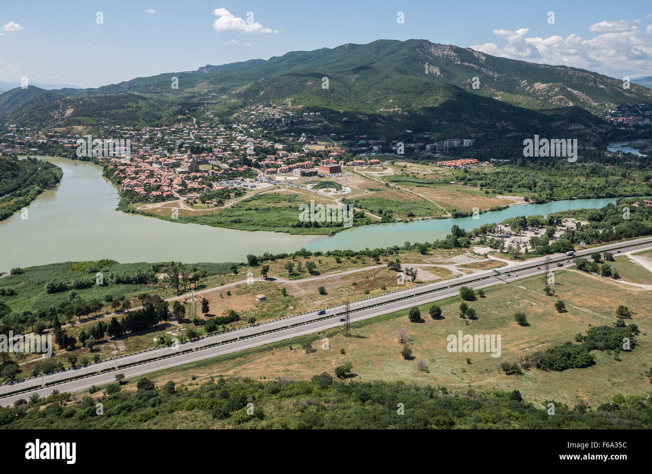 Aerial view on Mtkvari and Aragvi rivers and Mtskheta city - view from ...