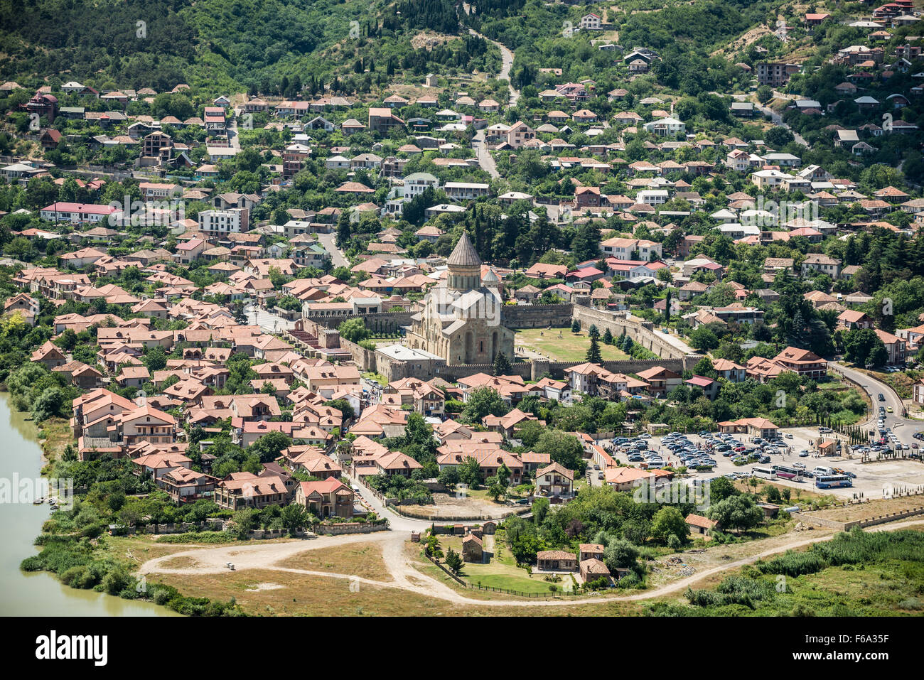 Aerial view on Mtskheta city, with Georgian Orthodox Svetitskhoveli ...