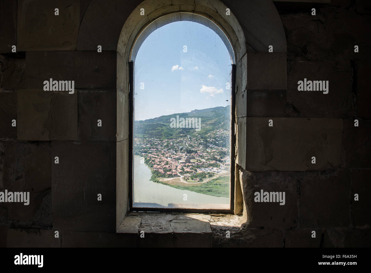 Aerial view on Mtkvari and Aragvi rivers and Mtskheta city - view from ...