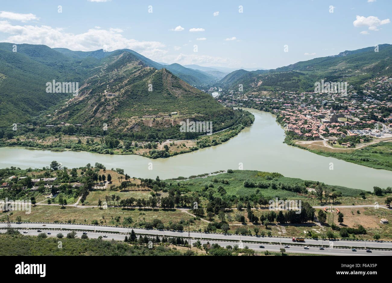 Aerial view on Mtkvari and Aragvi rivers and Mtskheta city - view from ...