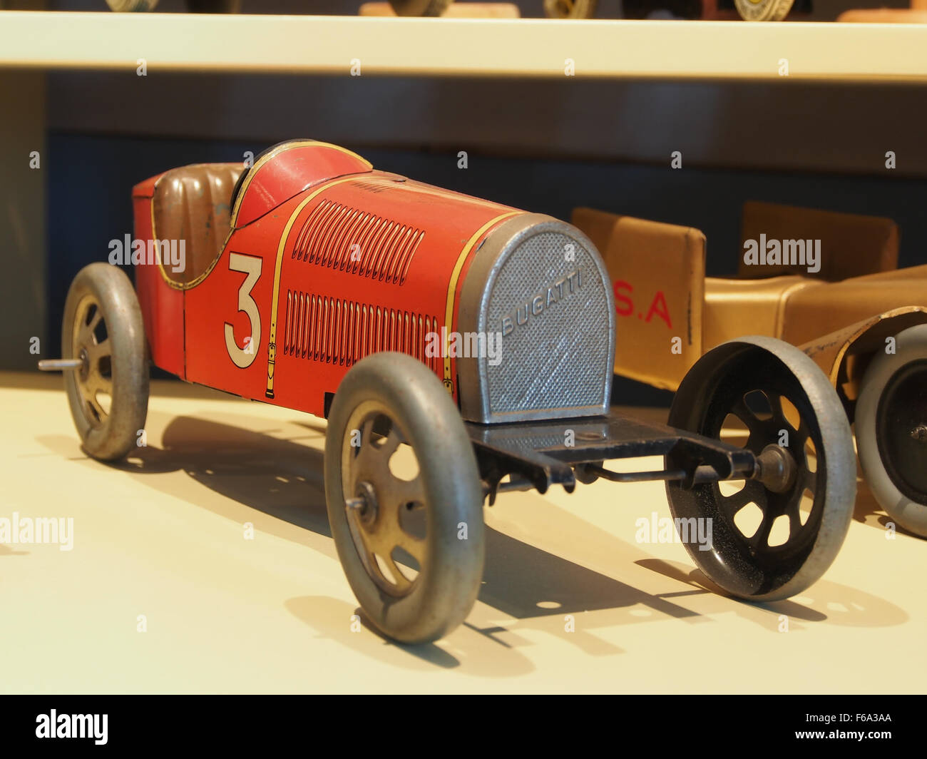 A clockwork wind-up tin toy Bugatti displayed at the Speelgoedmuseum ...
