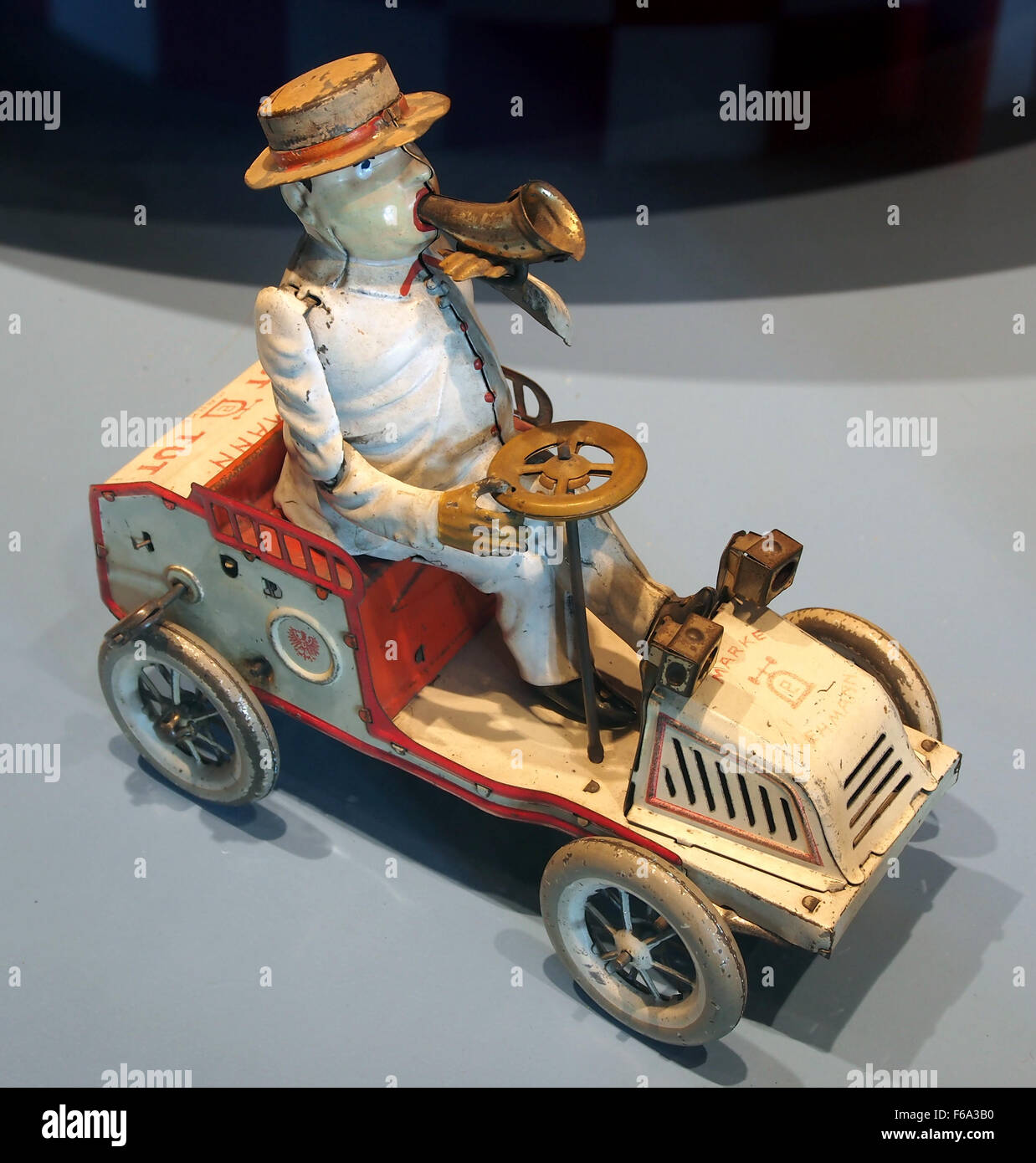 The Lehmann Tut Tut, a vintage clockwork wind-up tin toy, displayed at ...