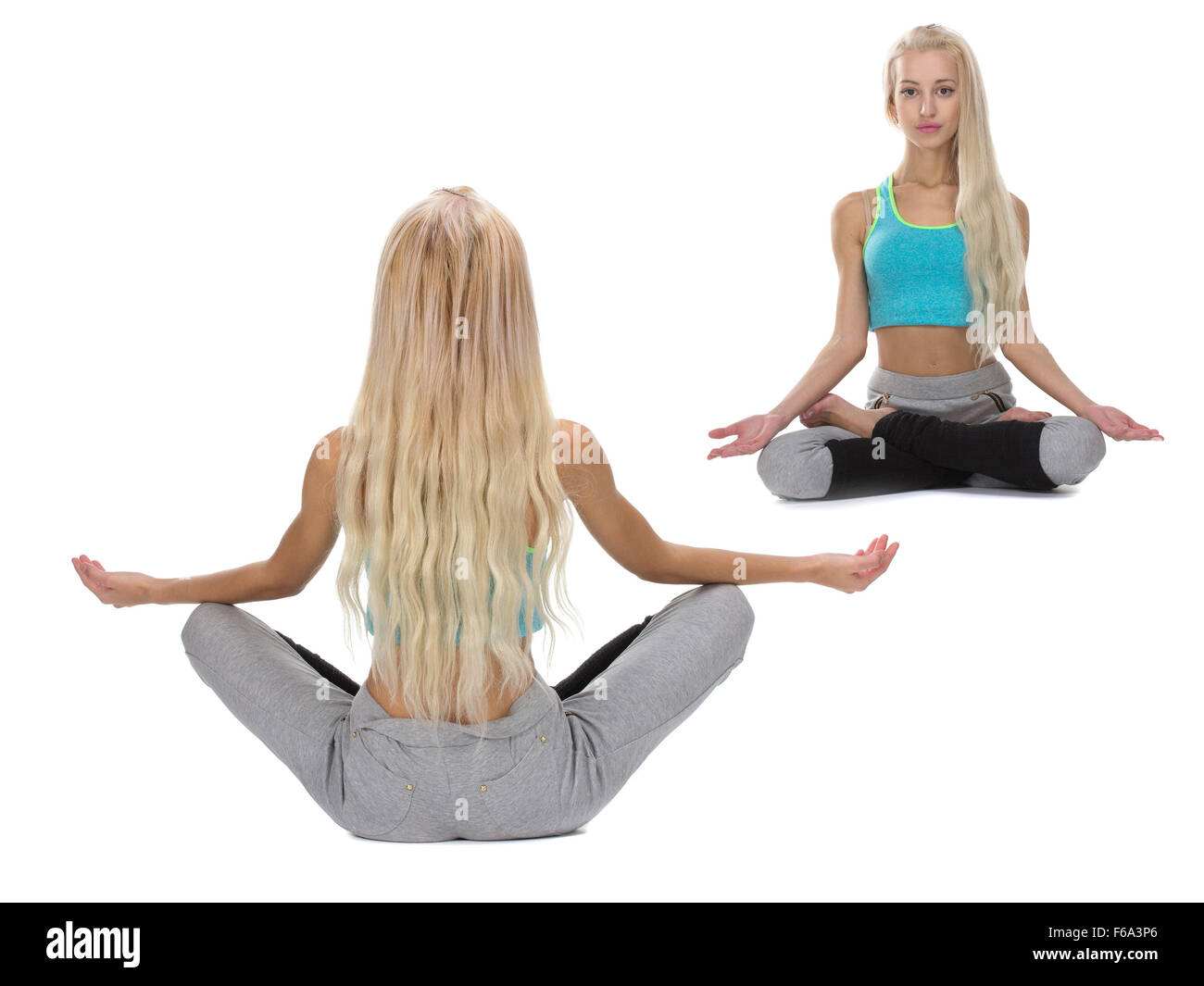Portrait of young woman meditating in pose of lotus, back view ...