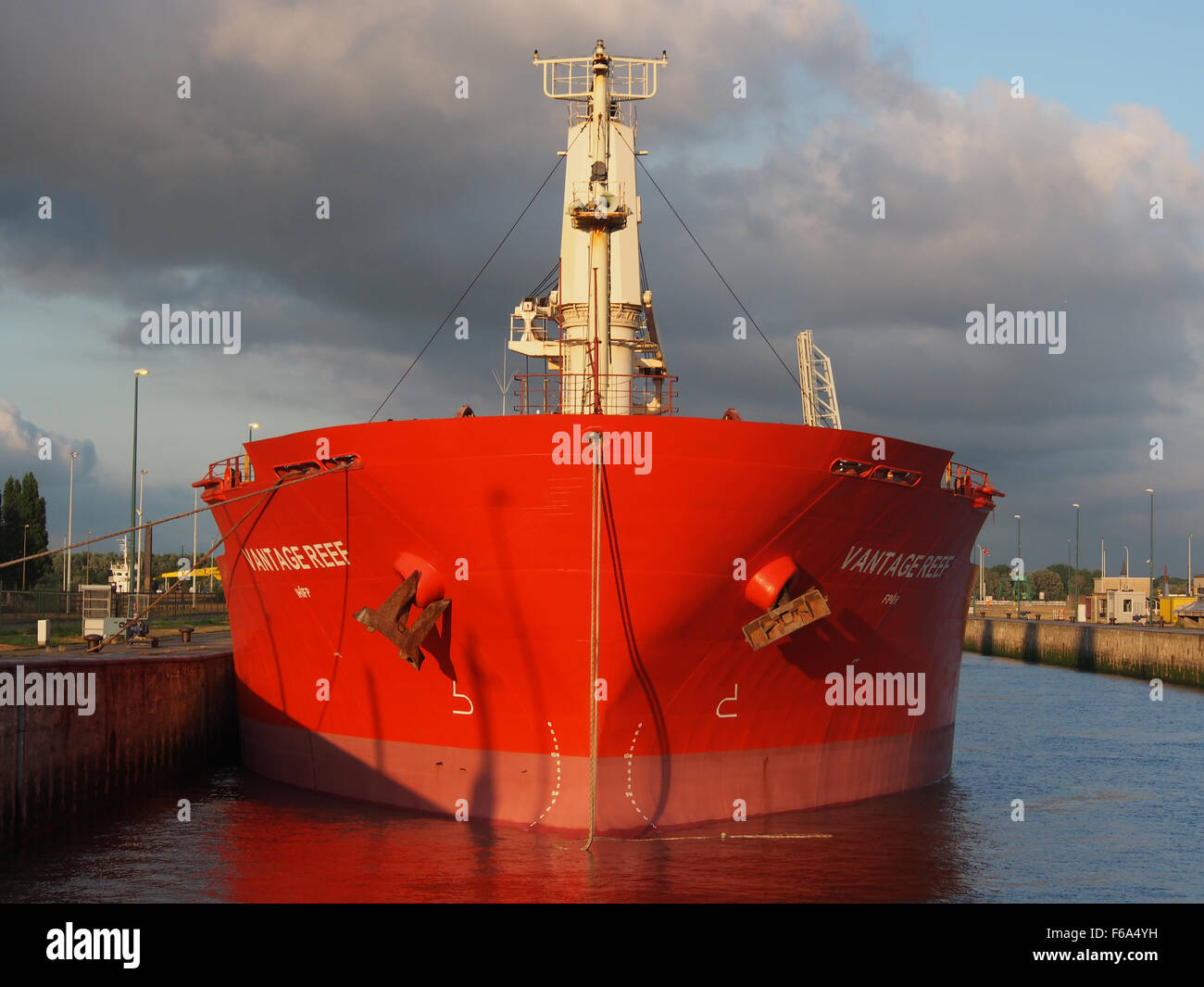 The Vantage Reef, a container ship and oil tanker, is docked at Zandvlietsluis in the Port of ...