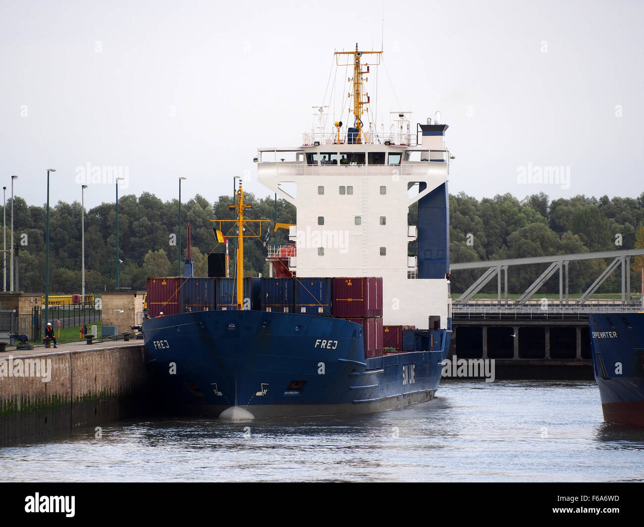 The Frej, a 1994-built container ship, is docked at the Port of Antwerp ...