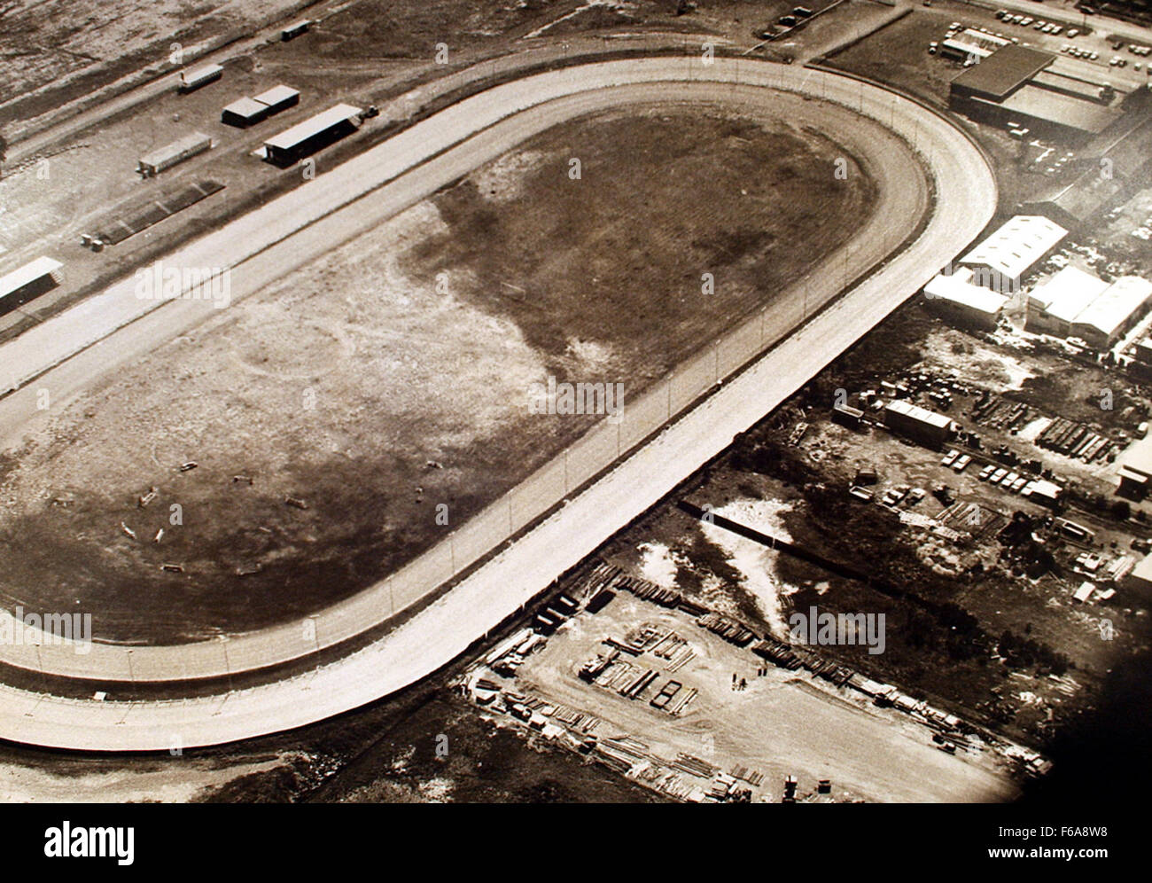 This aerial photograph from 1950 captures Bankstown Paceway, a renowned ...