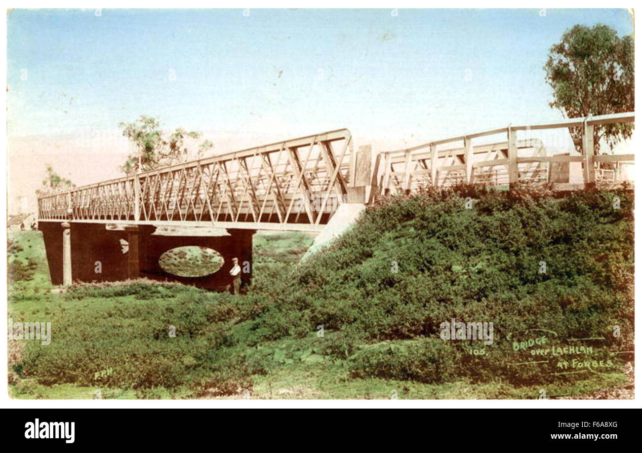 A historic image of the bridge spanning the Lachlan River at Forbes, a ...