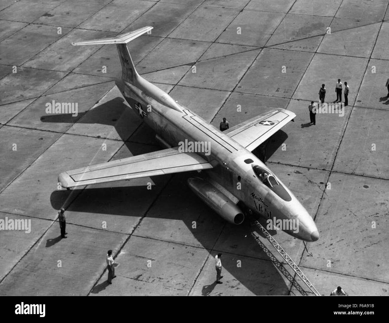 The XB-51, an experimental jet bomber, captured from a high front ...