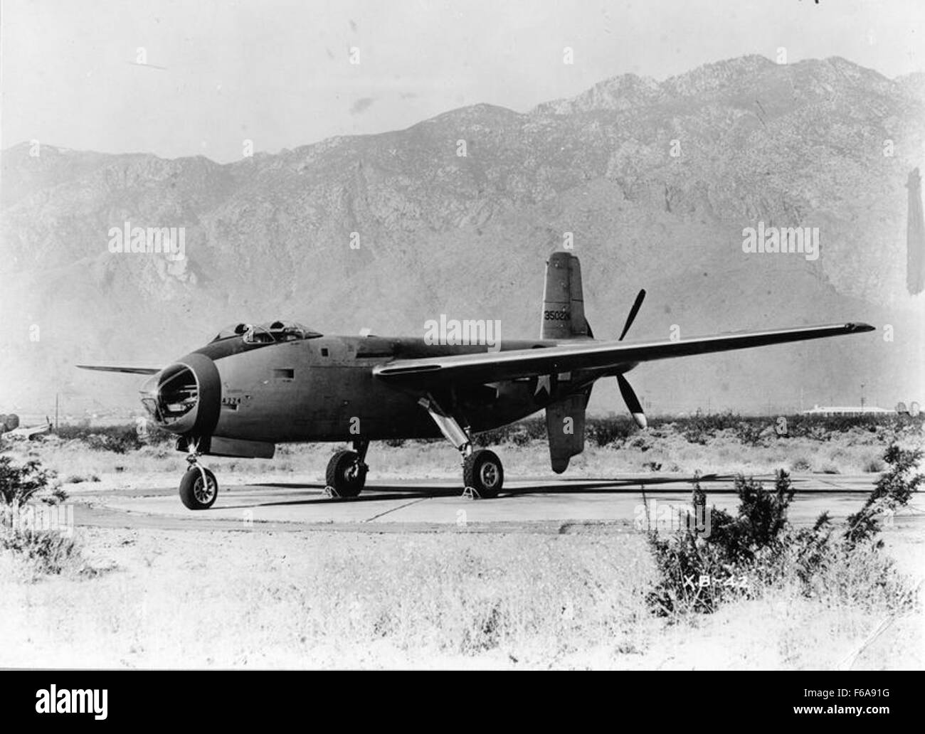 The XB-42, an experimental aircraft, shown in a front-quarter view ...