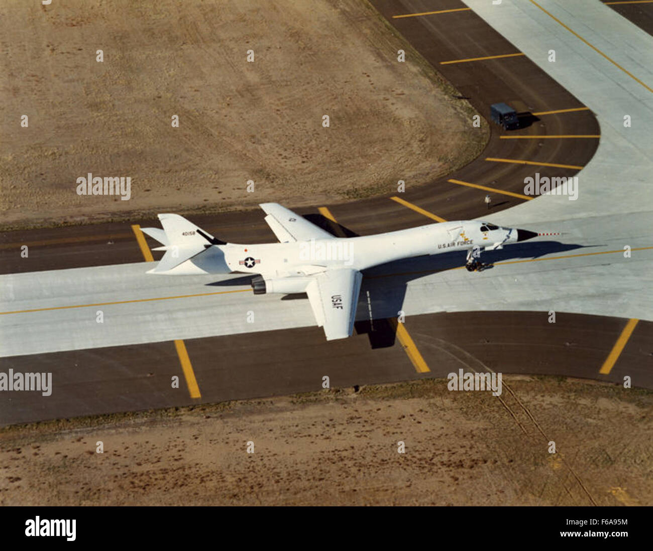 B-1A from Tower, an early U.S. Air Force B-1 bomber photographed from a ...