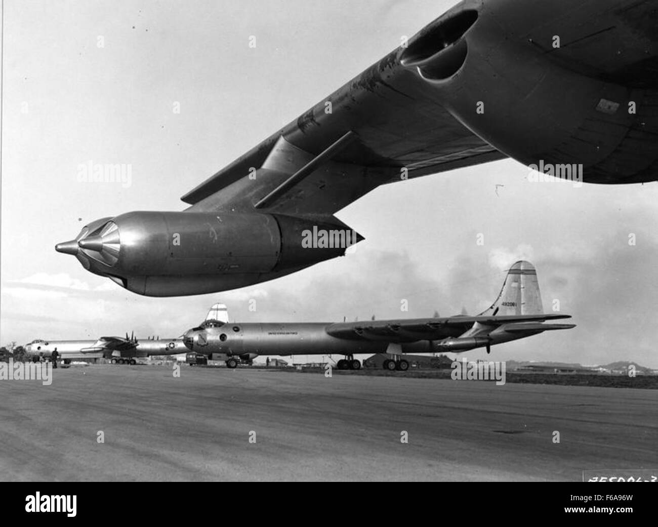 The B-36 Peacemaker, a long-range strategic bomber, captured in an ...