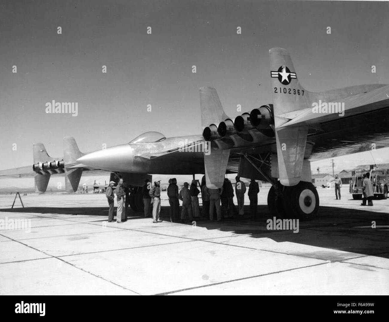 A rear view of the YB-49, a pioneering jet-powered flying wing aircraft ...